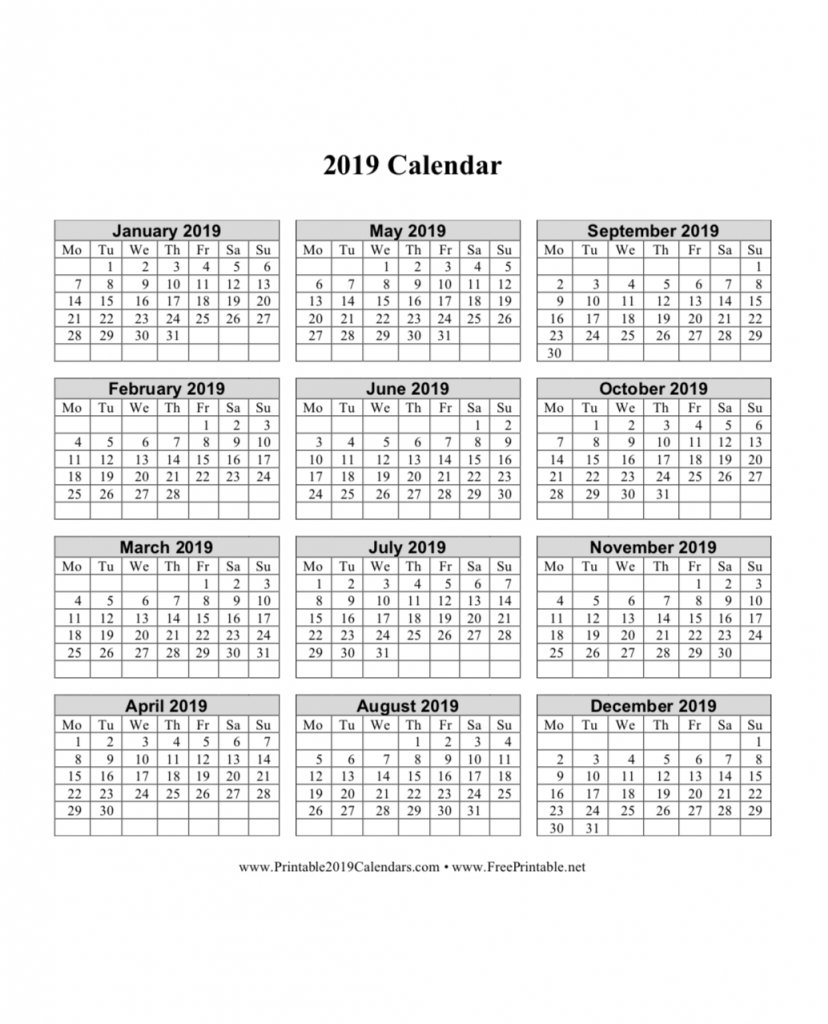 Free Printable 2019 Calendars