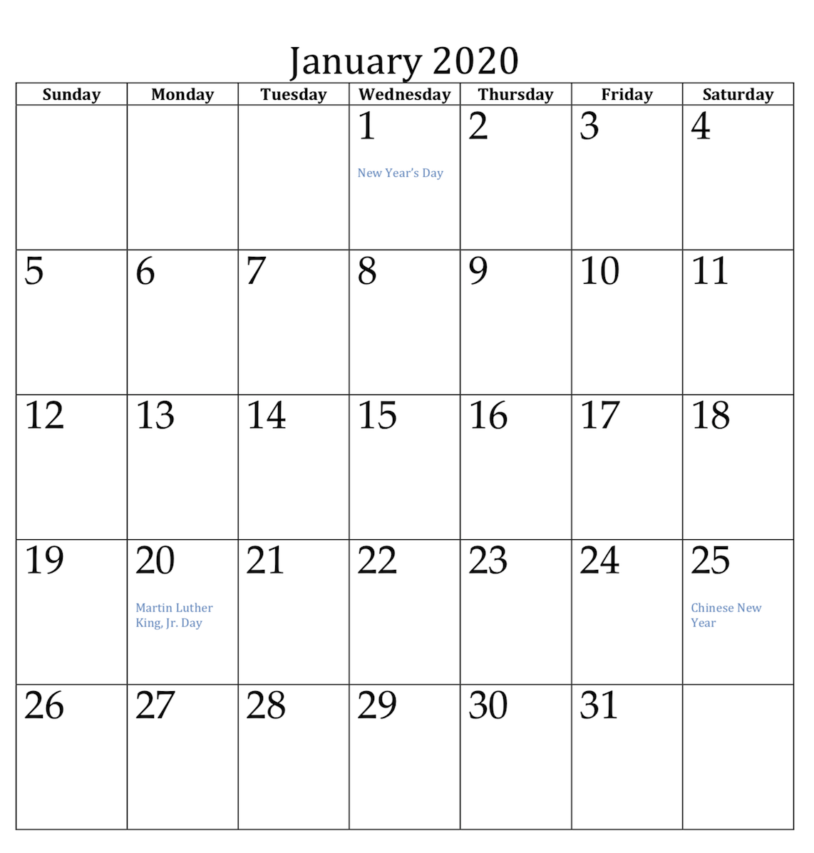 Free Printable 2020 Calendars