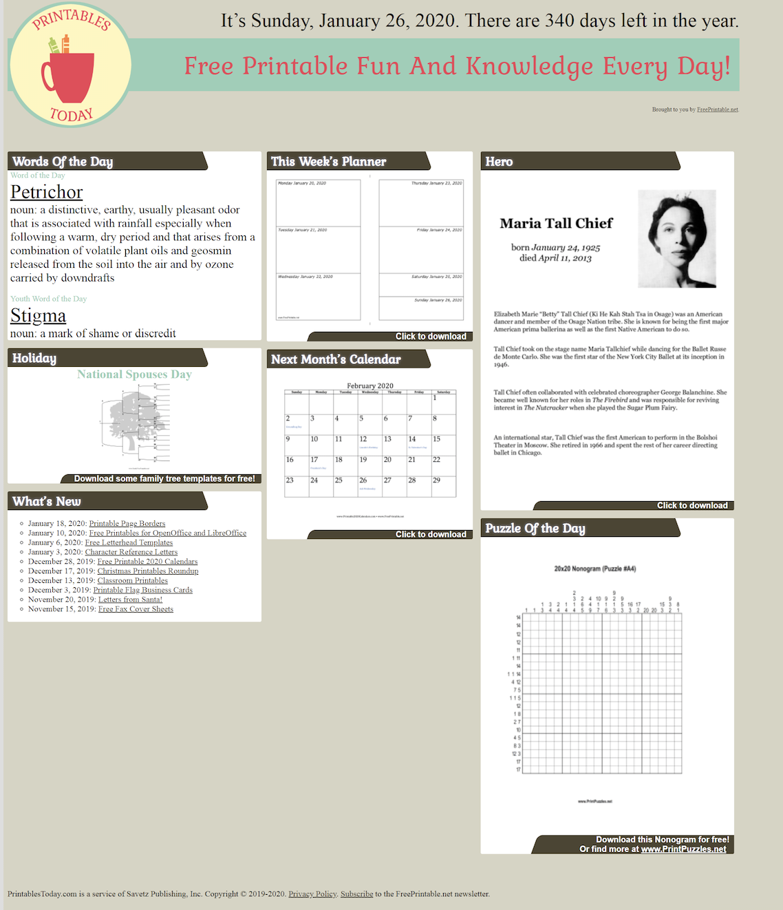 PrintablesToday.com Has Daily Words, Calendars, Puzzles, Heroes and More